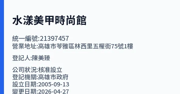 水漾美甲時尚館的照片-統編 21397457(高雄市) 公司登記資料與營業項目詳細圖表