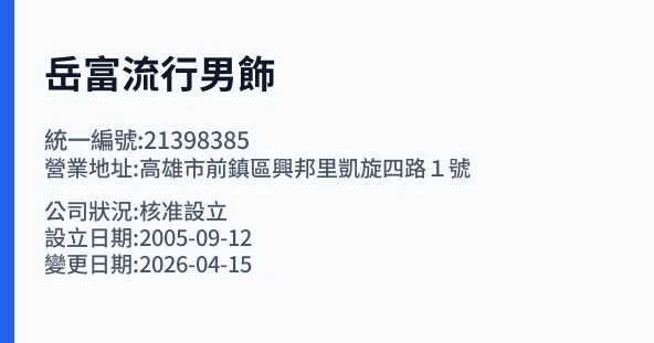 岳富流行男飾的照片-統編 21398385(高雄市) 公司登記資料與營業項目詳細圖表