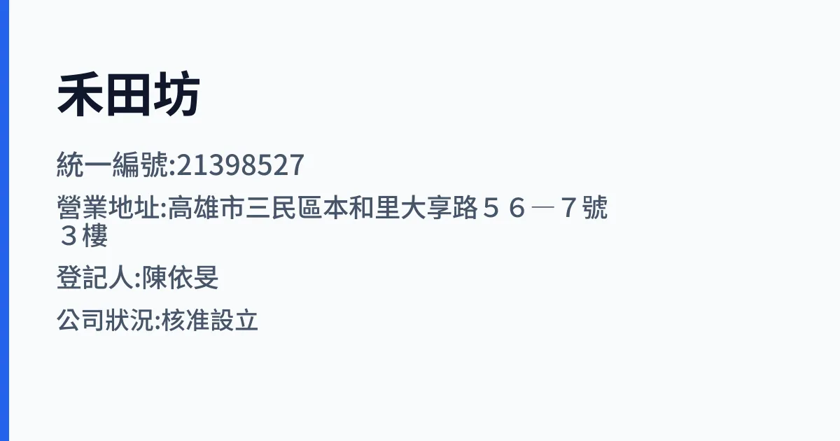 禾田坊 - 統編 21398527(高雄市) 公司登記資料與營業項目詳細圖表