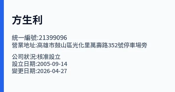 方生利的照片-統編 21399096(高雄市) 公司登記資料與營業項目詳細圖表