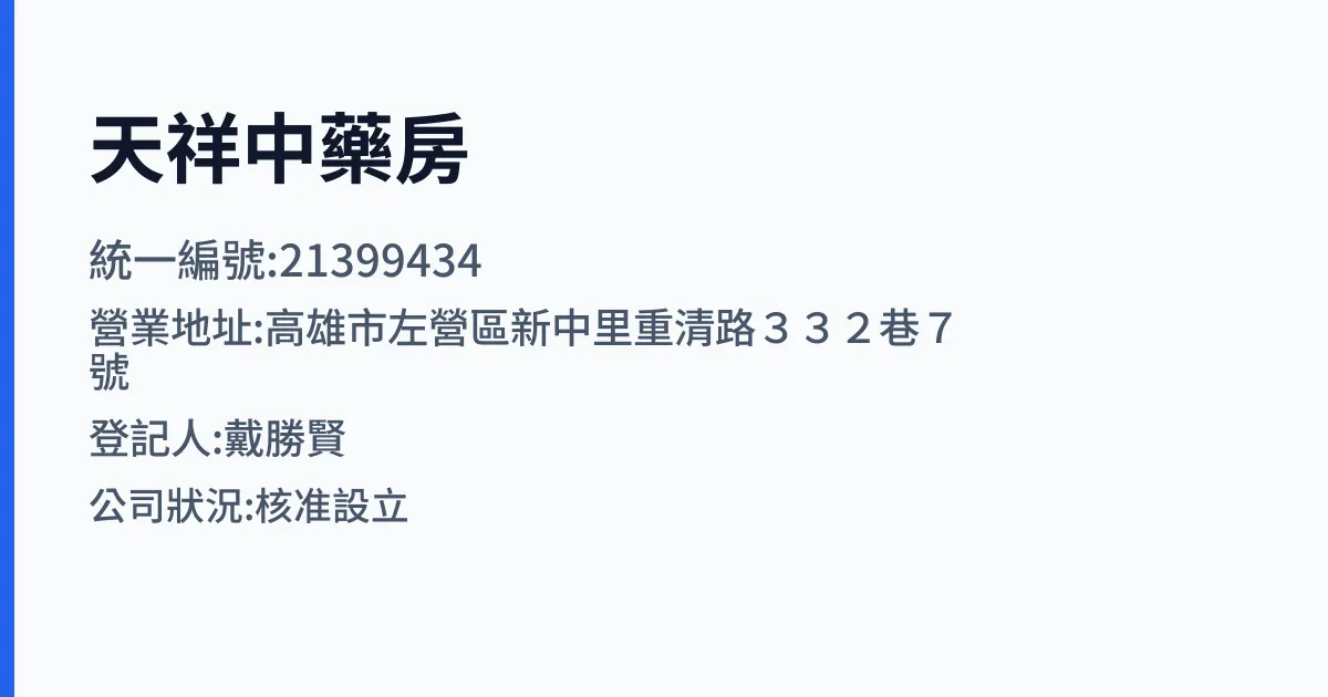 天祥中藥房 - 統編 21399434(高雄市) 公司登記資料與營業項目詳細圖表