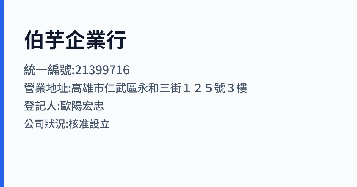伯芋企業行 - 統編 21399716(高雄市) 公司登記資料與營業項目詳細圖表