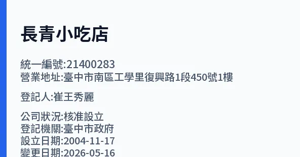 長青小吃店的照片-統編 21400283(臺中市) 公司登記資料與營業項目詳細圖表