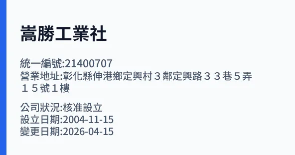 嵩勝工業社的照片-統編 21400707(彰化縣) 公司登記資料與營業項目詳細圖表