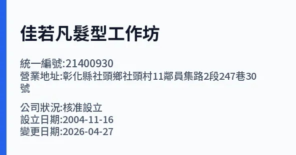 佳若凡髮型工作坊的照片-統編 21400930(彰化縣) 公司登記資料與營業項目詳細圖表