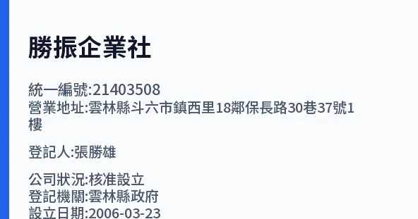 勝振企業社的照片-統編 21403508(雲林縣) 公司登記資料與營業項目詳細圖表
