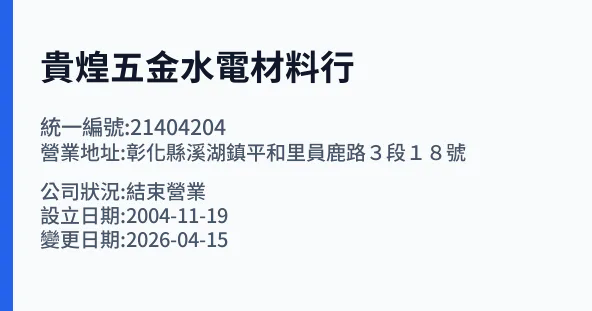 貴煌五金水電材料行的照片-統編 21404204(彰化縣) 公司登記資料與營業項目詳細圖表