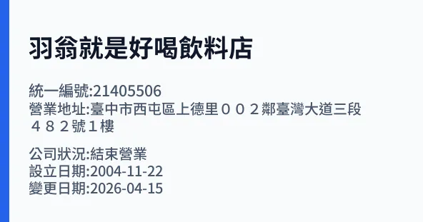 羽翁就是好喝飲料店的照片-統編 21405506(臺中市) 公司登記資料與營業項目詳細圖表