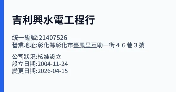 吉利興水電工程行的照片-統編 21407526(彰化縣) 公司登記資料與營業項目詳細圖表