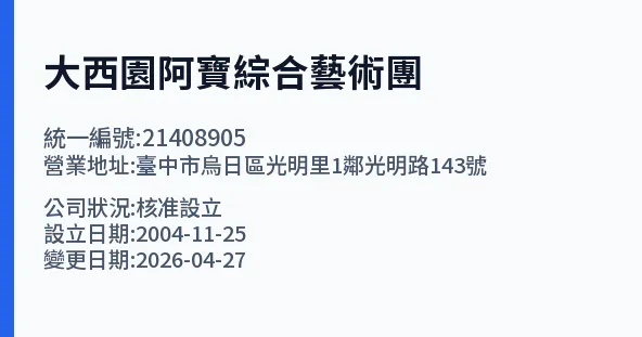 大西園阿寶綜合藝術團的照片-統編 21408905(臺中市) 公司登記資料與營業項目詳細圖表
