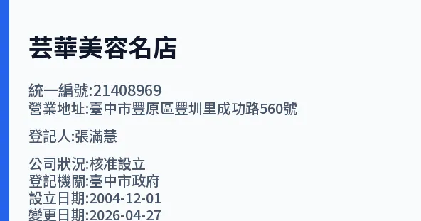 芸華美容名店的照片-統編 21408969(臺中市) 公司登記資料與營業項目詳細圖表