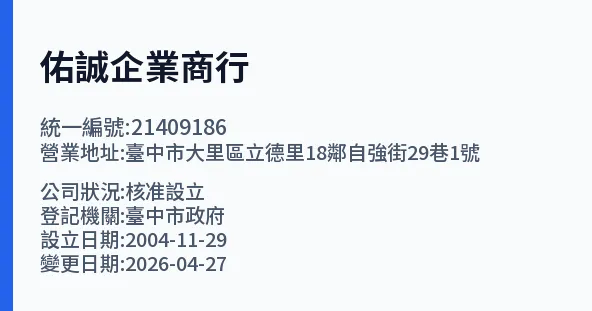 佑誠企業商行的照片-統編 21409186(臺中市) 公司登記資料與營業項目詳細圖表