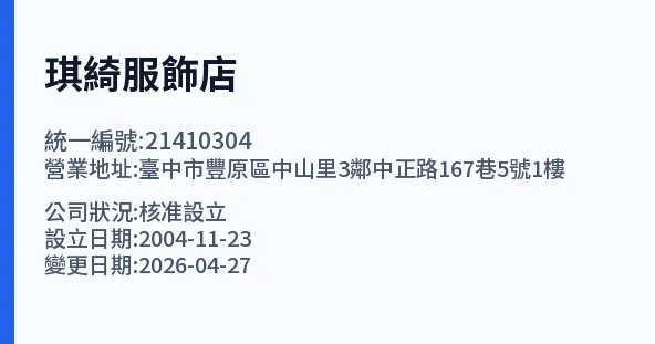 琪綺服飾店的照片-統編 21410304(臺中市) 公司登記資料與營業項目詳細圖表