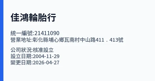 佳鴻輪胎行的照片-統編 21411090(彰化縣) 公司登記資料與營業項目詳細圖表