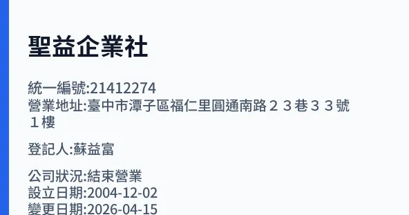 聖益企業社的照片-統編 21412274(臺中市) 公司登記資料與營業項目詳細圖表