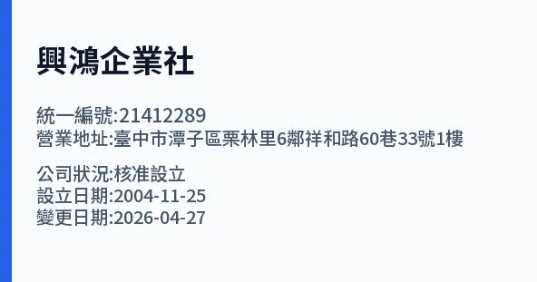 興鴻企業社的照片-統編 21412289(臺中市) 公司登記資料與營業項目詳細圖表