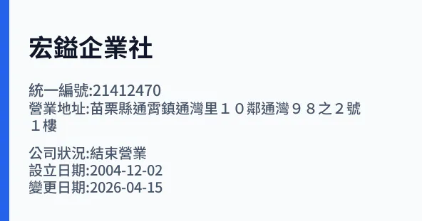 宏鎰企業社的照片-統編 21412470(苗栗縣) 公司登記資料與營業項目詳細圖表
