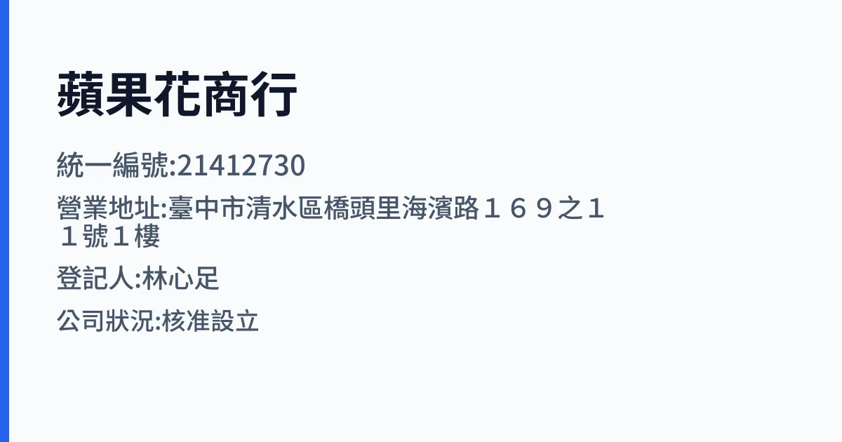蘋果花商行 - 統編 21412730(臺中市) 公司登記資料與營業項目詳細圖表