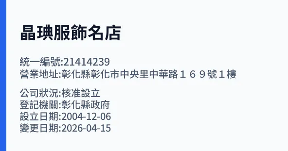 晶琠服飾名店的照片-統編 21414239(彰化縣) 公司登記資料與營業項目詳細圖表