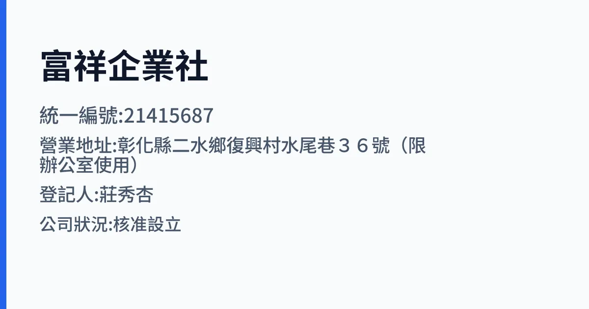 富祥企業社 - 統編 21415687(彰化縣) 公司登記資料與營業項目詳細圖表