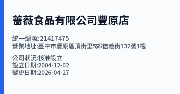 薔薇食品有限公司豐原店的照片-統編 21417475(臺中市) 公司登記資料與營業項目詳細圖表