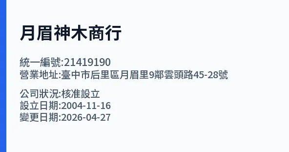 月眉神木商行的照片-統編 21419190(臺中市) 公司登記資料與營業項目詳細圖表