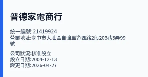 普德家電商行的照片-統編 21419924(臺中市) 公司登記資料與營業項目詳細圖表