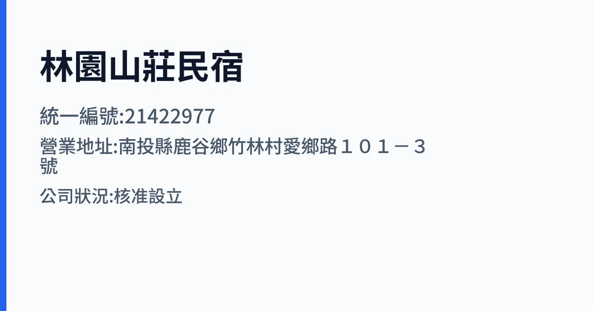林園山莊民宿 - 統編 21422977(南投縣) 公司登記資料與營業項目詳細圖表