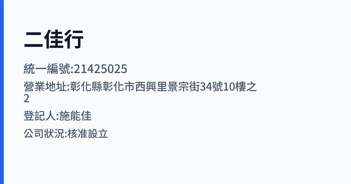 二佳行 - 統編 21425025(彰化縣) 公司登記資料與營業項目詳細圖表