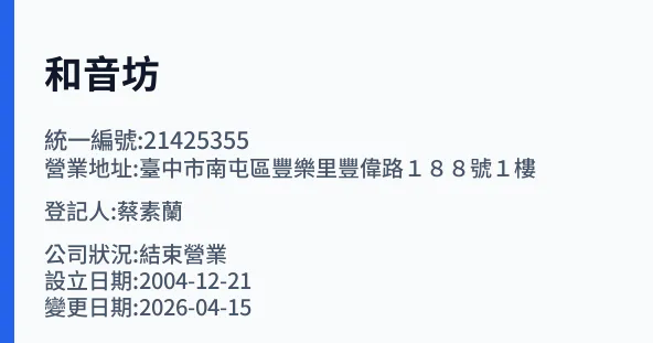 和音坊的照片-統編 21425355(臺中市) 公司登記資料與營業項目詳細圖表