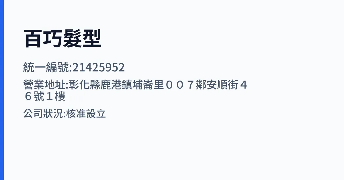 百巧髮型 - 統編 21425952(彰化縣) 公司登記資料與營業項目詳細圖表