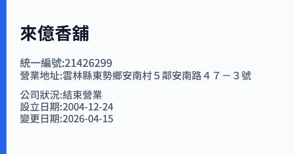 來億香舖的照片-統編 21426299(雲林縣) 公司登記資料與營業項目詳細圖表