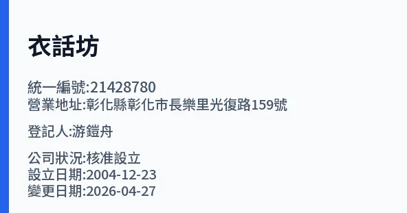 衣話坊的照片-統編 21428780(彰化縣) 公司登記資料與營業項目詳細圖表