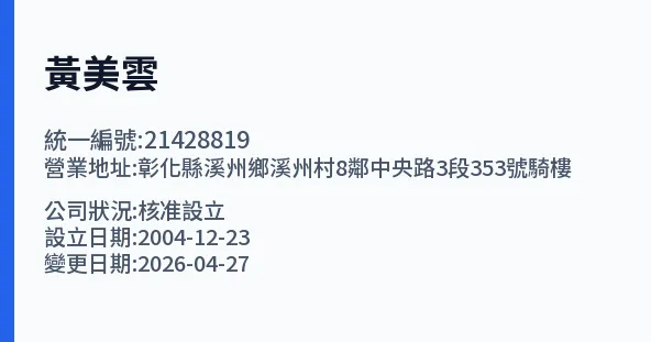 黃美雲的照片-統編 21428819(彰化縣) 公司登記資料與營業項目詳細圖表
