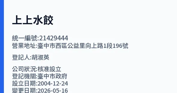 上上水餃的照片-統編 21429444(臺中市) 公司登記資料與營業項目詳細圖表