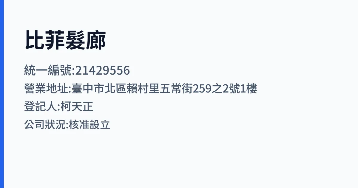 比菲髮廊 - 統編 21429556(臺中市) 公司登記資料與營業項目詳細圖表