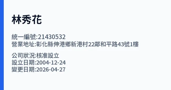 林秀花的照片-統編 21430532(彰化縣) 公司登記資料與營業項目詳細圖表
