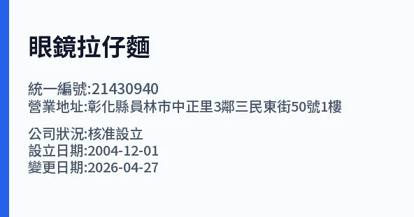 眼鏡拉仔麵的照片-統編 21430940(彰化縣) 公司登記資料與營業項目詳細圖表