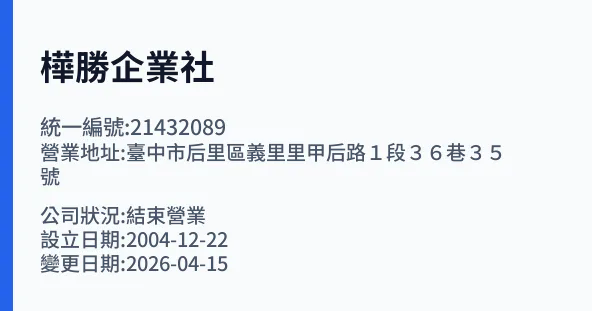 樺勝企業社的照片-統編 21432089(臺中市) 公司登記資料與營業項目詳細圖表