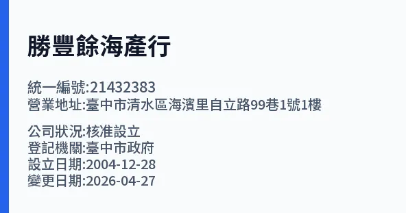 勝豐餘海產行的照片-統編 21432383(臺中市) 公司登記資料與營業項目詳細圖表