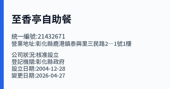 至香亭自助餐的照片-統編 21432671(彰化縣) 公司登記資料與營業項目詳細圖表