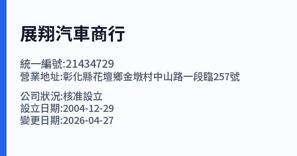 展翔汽車商行的照片-統編 21434729(彰化縣) 公司登記資料與營業項目詳細圖表