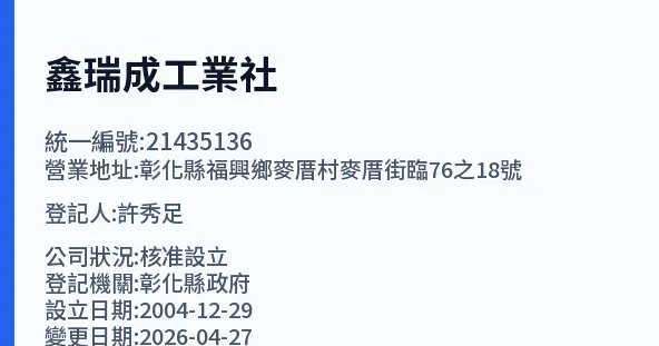 鑫瑞成工業社的照片-統編 21435136(彰化縣) 公司登記資料與營業項目詳細圖表