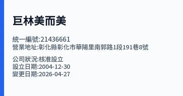 巨林美而美的照片-統編 21436661(彰化縣) 公司登記資料與營業項目詳細圖表