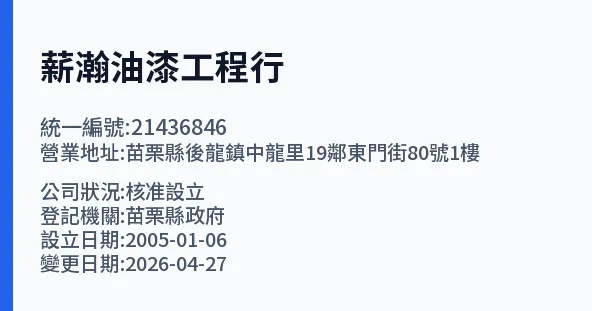 薪瀚油漆工程行的照片-統編 21436846(苗栗縣) 公司登記資料與營業項目詳細圖表