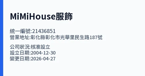 MiMiHouse服飾的照片-統編 21436851(彰化縣) 公司登記資料與營業項目詳細圖表