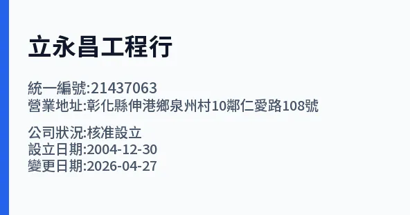 立永昌工程行的照片-統編 21437063(彰化縣) 公司登記資料與營業項目詳細圖表
