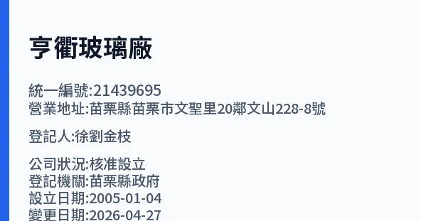 亨衢玻璃廠的照片-統編 21439695(苗栗縣) 公司登記資料與營業項目詳細圖表