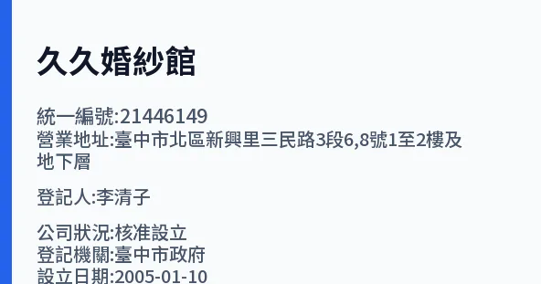 久久婚紗館的照片-統編 21446149(臺中市) 公司登記資料與營業項目詳細圖表