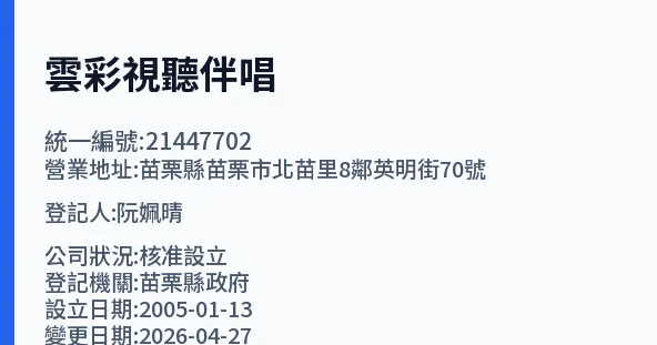 雲彩視聽伴唱的照片-統編 21447702(苗栗縣) 公司登記資料與營業項目詳細圖表